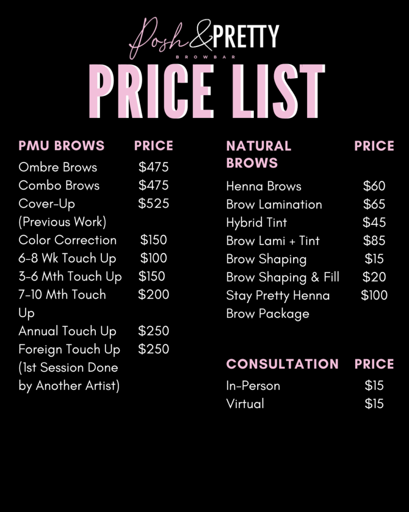 Price List – Posh and Pretty Brow Bar